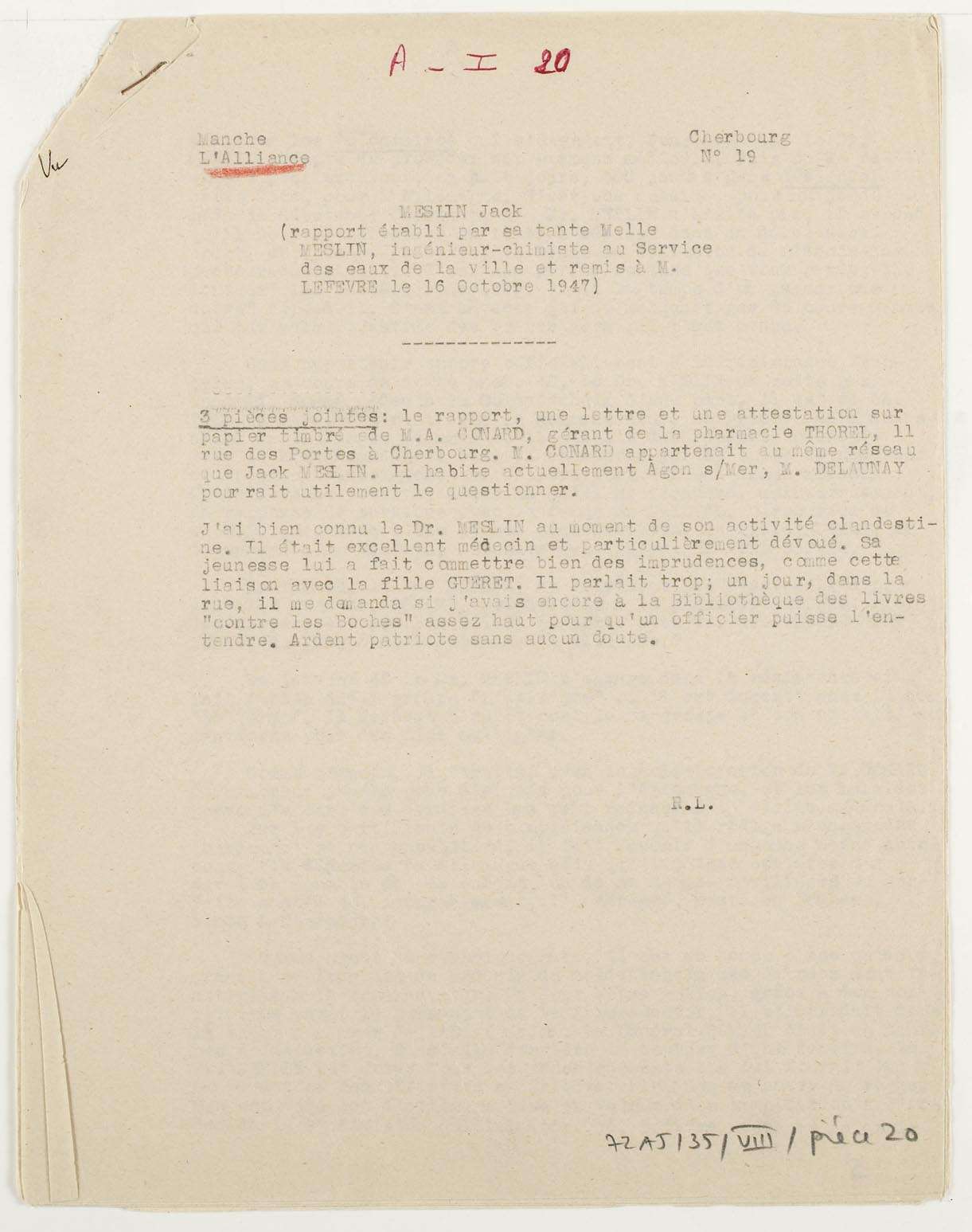 Rapport de 1947 concernant le docteur Jack Meslin (Le Véron) – En ...